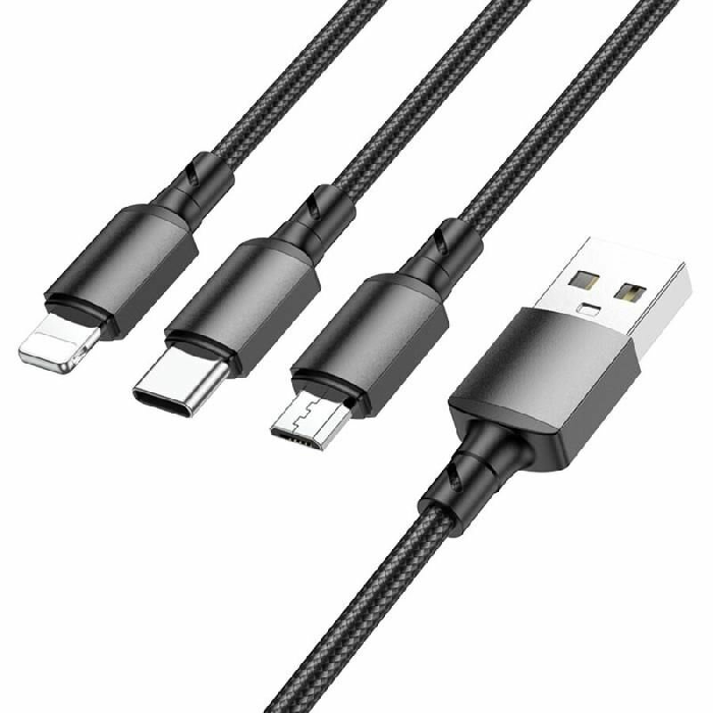 Кабель USB 3 в 1, IP. MicroUSB. Type-C, 2. A, 1м, Провод триводном, Типа_Ц. Микро юсб, Айфон, ткань - BOROFONE BX72