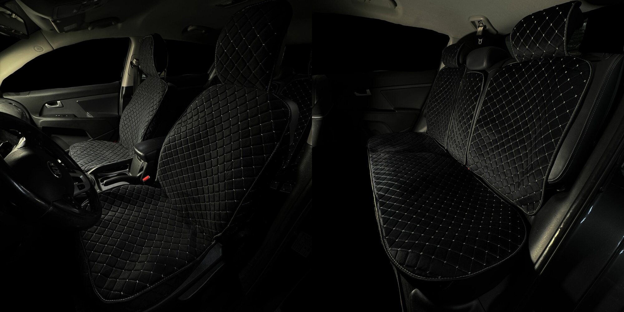 Накидки для Форд / Ford Focus, Fusion, Mondeo, Explorer, Kuga; Fiesta и др. на весь салон с подголовником и защитой боковин из велюра, черный с серой строчкой
