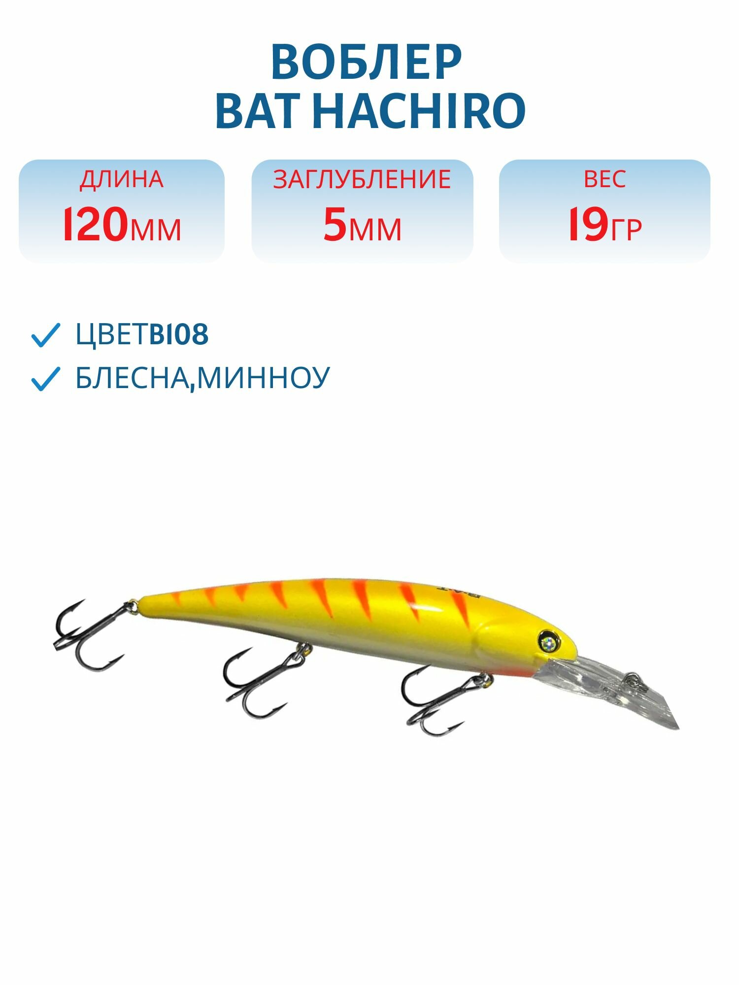 Воблер BAT HACHIRO (V) BT010 120 мм, 19 гр, заглубление 4 м, цвет #B108