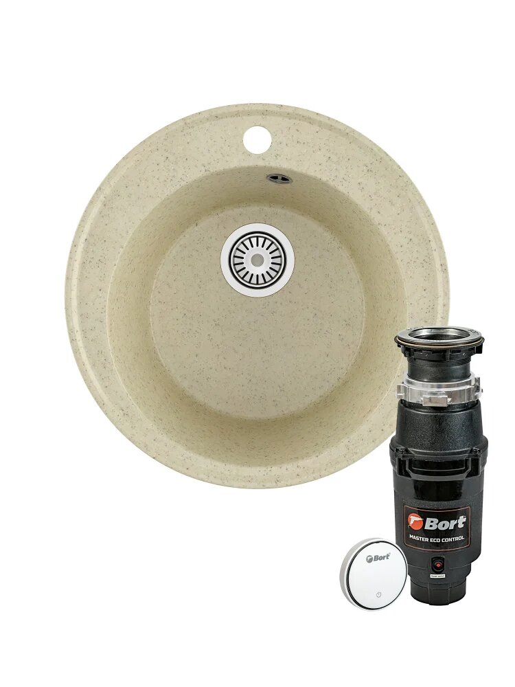 Комплект Мойка Domaci Палермо PR-475-002 47x47, бежевая, искусственный мрамор / Измельчитель Bort Master Eco Control электрический, нержавеющая сталь