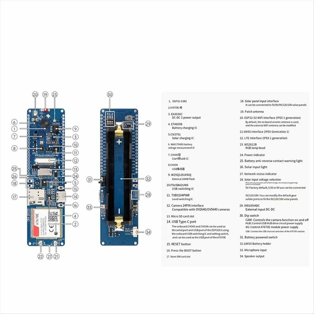 - Плата разработки A7670E 4G поддерживает LTE Cat-1/2G, Bluetooth5, GNSS-позиционирование и Wi-Fi.