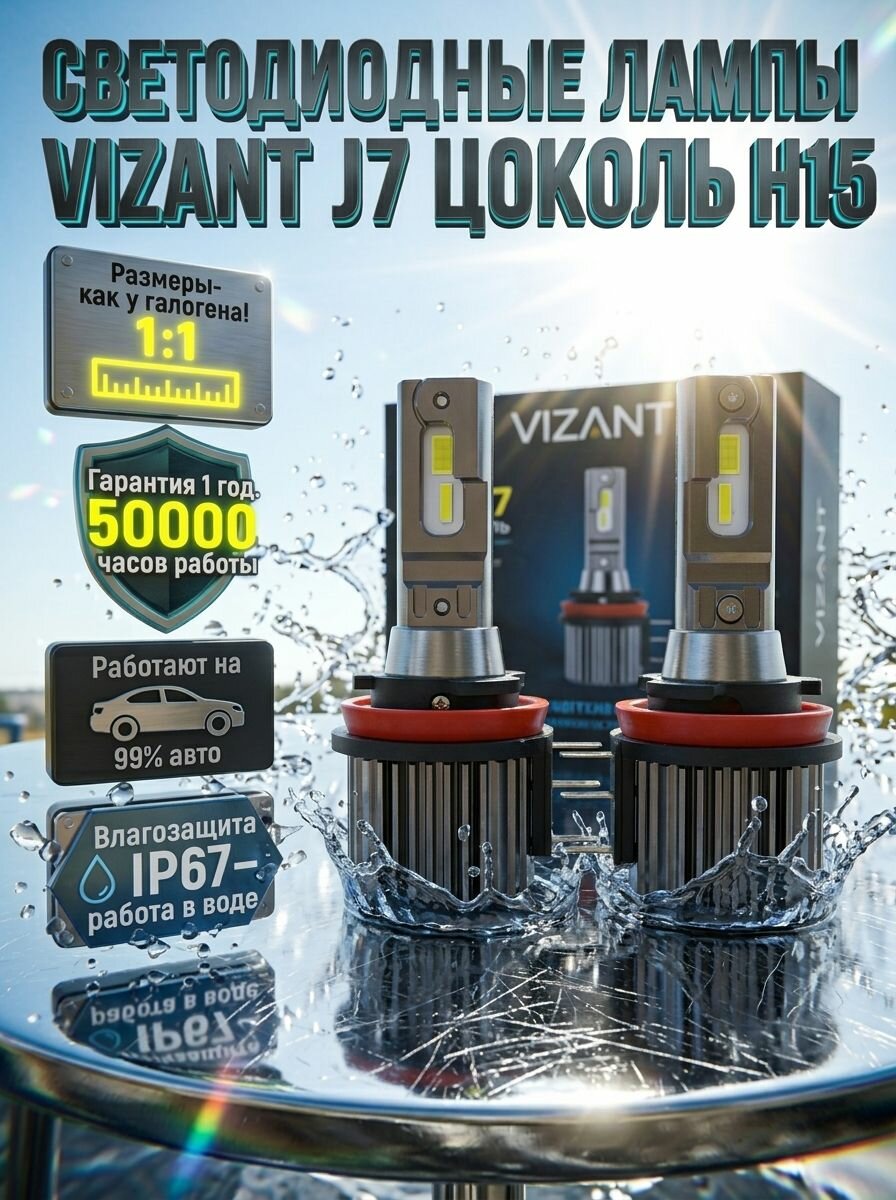 Светодиодные лампы Vizant J7 цоколь H15 с чипом CSP 3570 4500lm 5000K