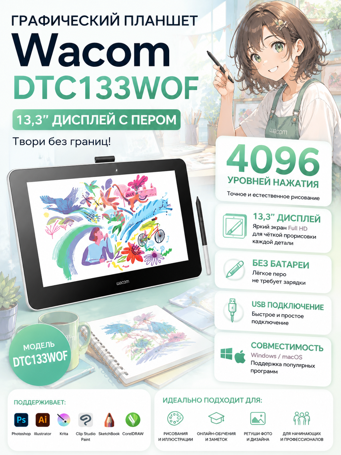 Графический планшет Wacom DTC133W0F, USB, 200 cd/m2, 4096, белый,