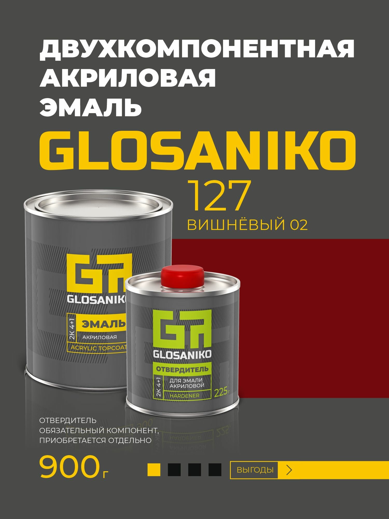 Акриловая краска Glosaniko 2К 4:1 Вишнёвый 02/127, комплект 0,9 кг + отв.0,225 кг двухкомпонентная с отвердителем