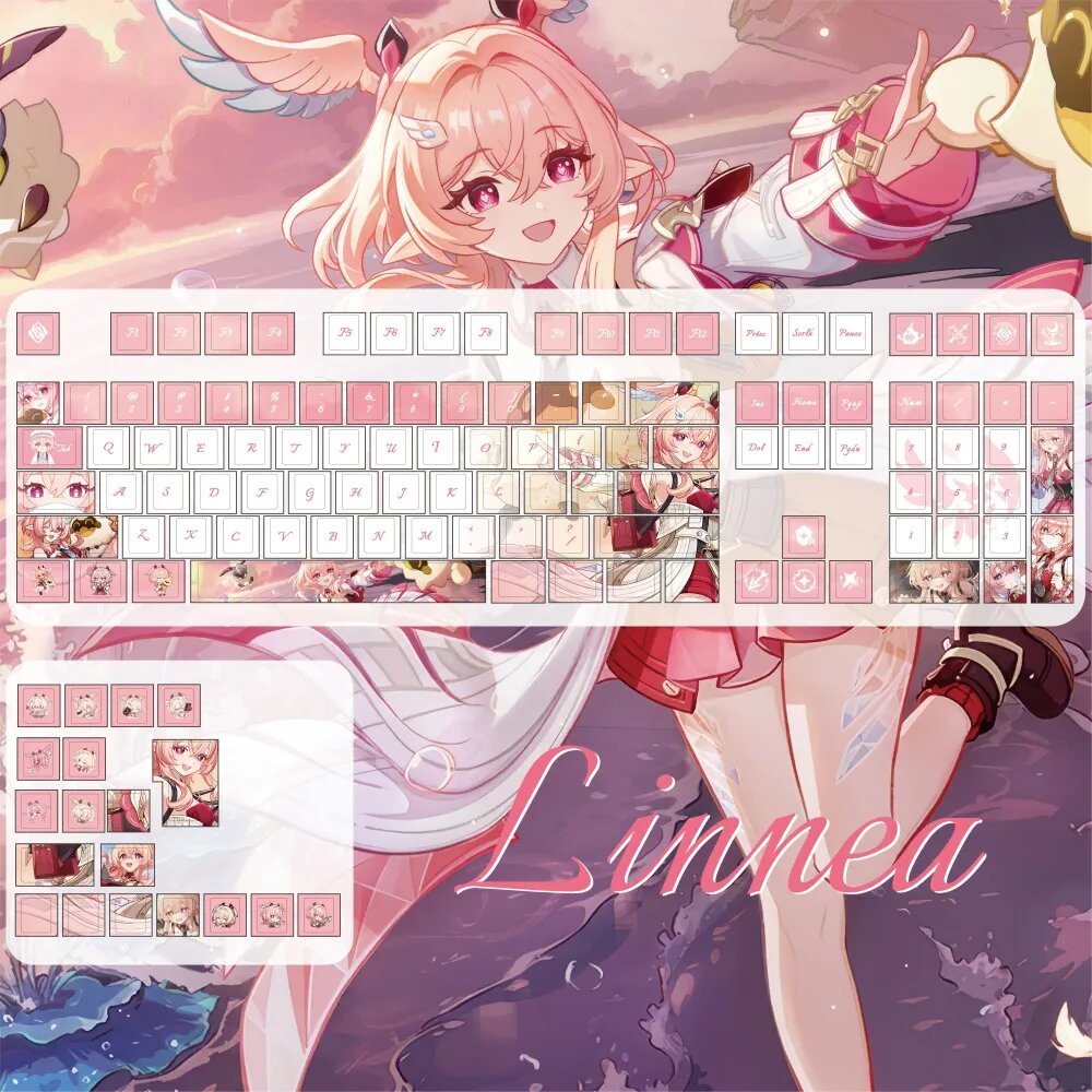 Кейкапы Genshin Impact Linnea, профиль Cherry, PBT с термосублимацией, индивидуальные розовые аниме-геймплейные клавиши для механической клавиатуры