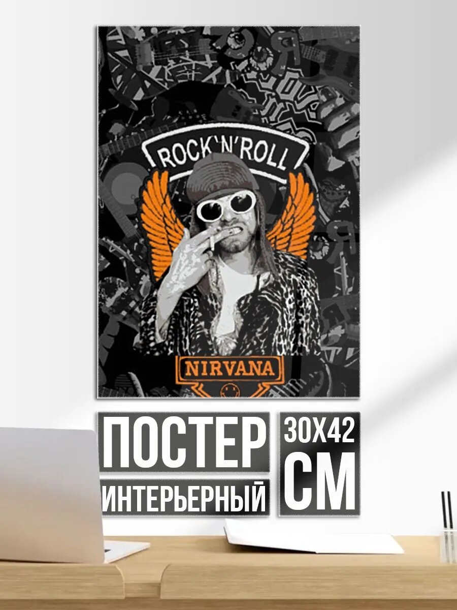 Постер на стену Nirvana Курт Кобейн на фоне гитар