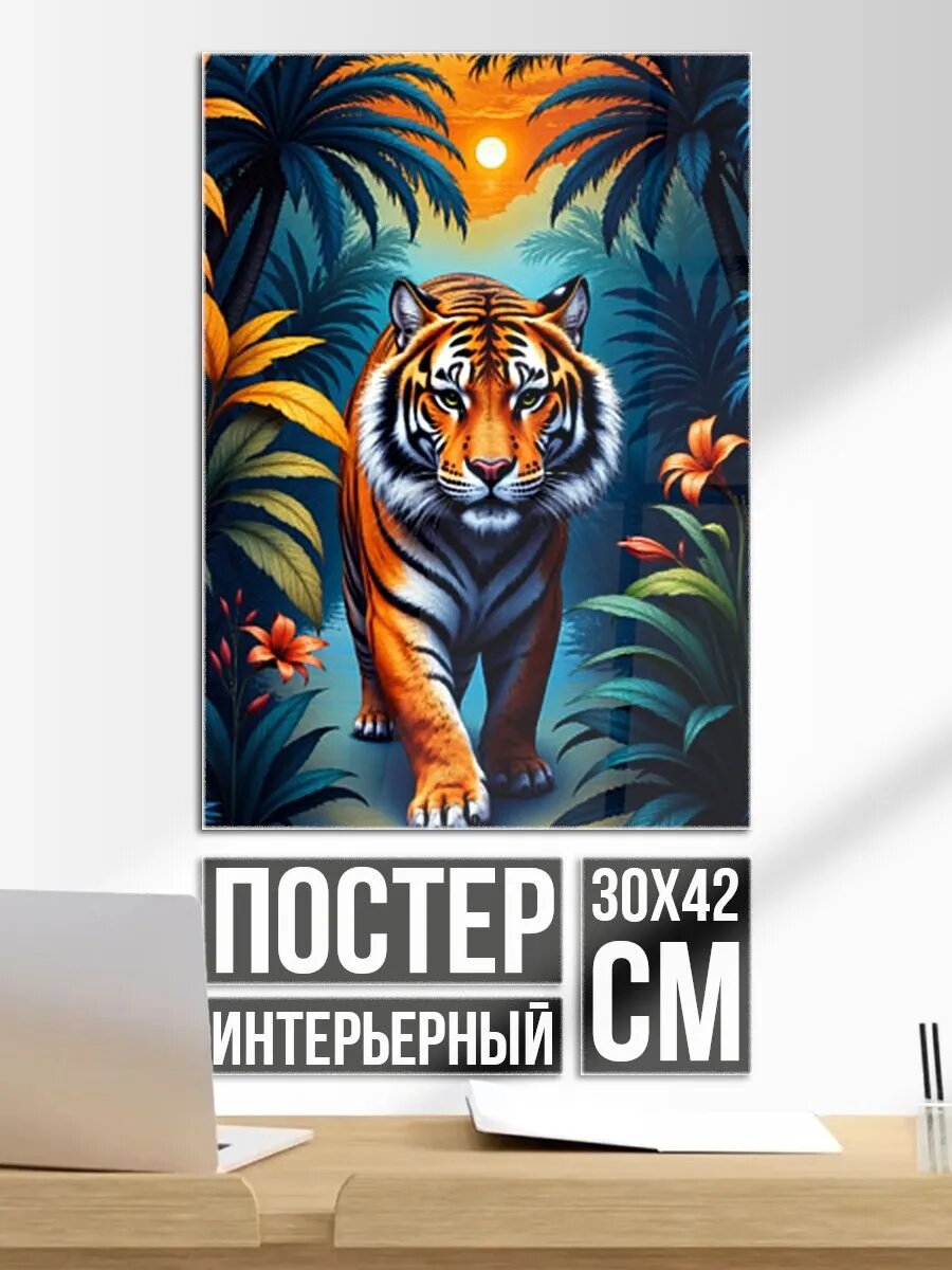 Постер на стену Тигр в джунглях среди листвы