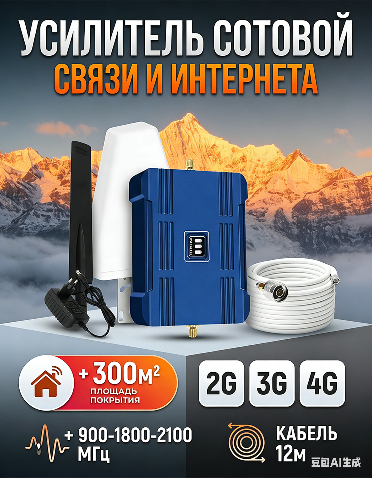 Усилитель сотовой связи 900/1800/2100 МГц (2G/3G/4G): до 70 км, направленный, синий, 1.3 кг