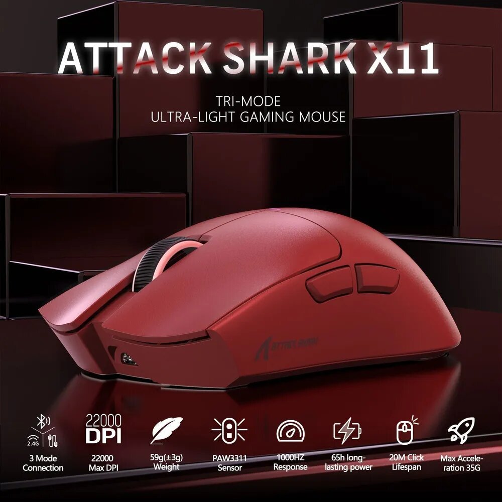 Игровая мышь ATTACK SHARK X11 беспроводная, красная с подсветкой, PAW3311 сенсор