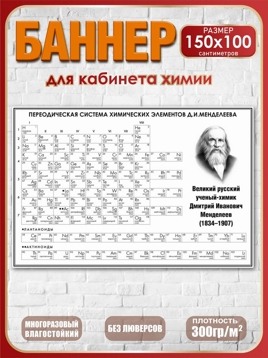 Баннер-плакат "Таблица Менделеева", для кабинета химии, 150x100 см, ч/б