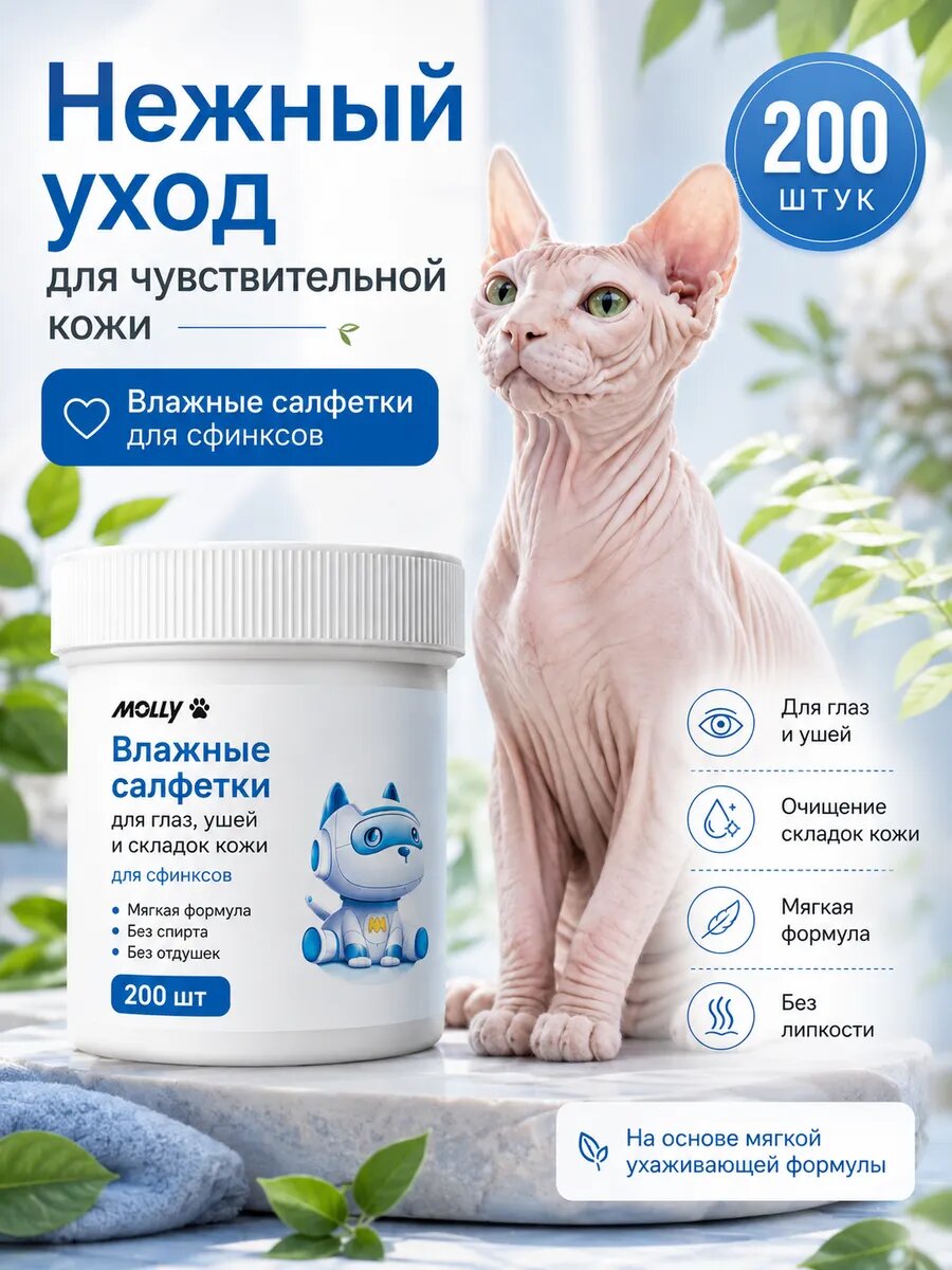 Специальные влажные салфетки для бесшёрстных кошек