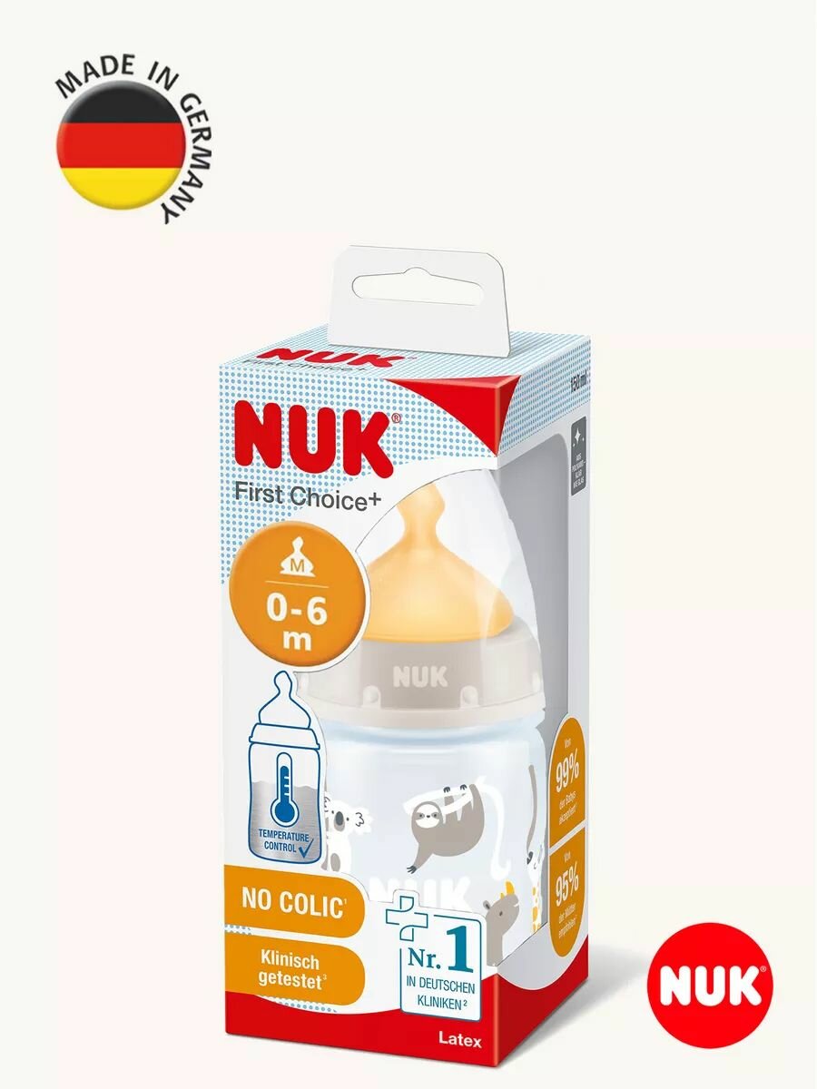 Бутылочка для кормления новорожденного NUK из полипропилена с индикатором температуры 150 мл с соской из латекса с отверстием М, серый звери с индикатором температуры латексная соска отверстие М серый принт звери