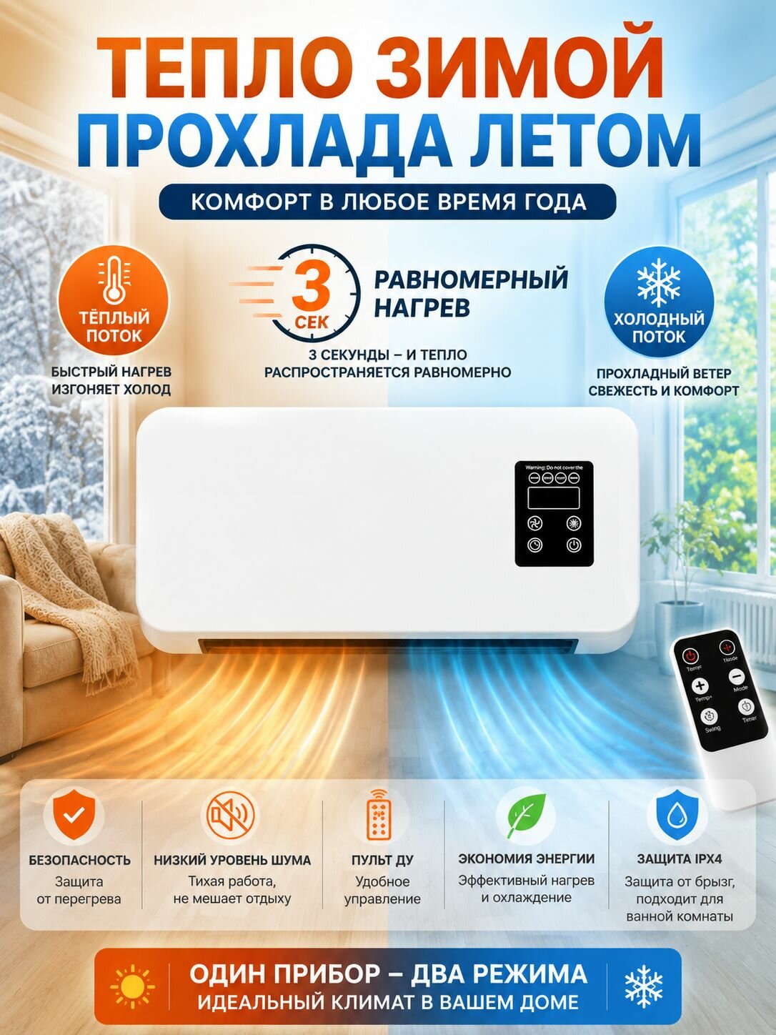 Настенный тепловентилятор 1500Вт с дистанционным управлением, быстрый нагрев за 3 секунды, тихая работа, сенсорная панель, обогрев и вентиляция для дома для отопления помещений вентилятор с подогревом