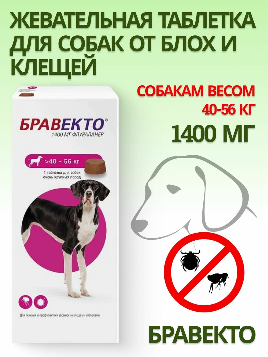 Бравекто таблетка жевательная от блох и клещей 1400мг для собак весом 40-56кг