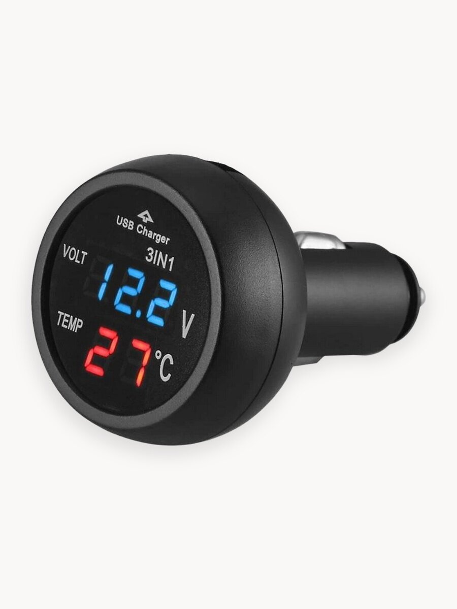 Цифровой автомобильный вольтметр в прикуриватель с термометром USB зарядка