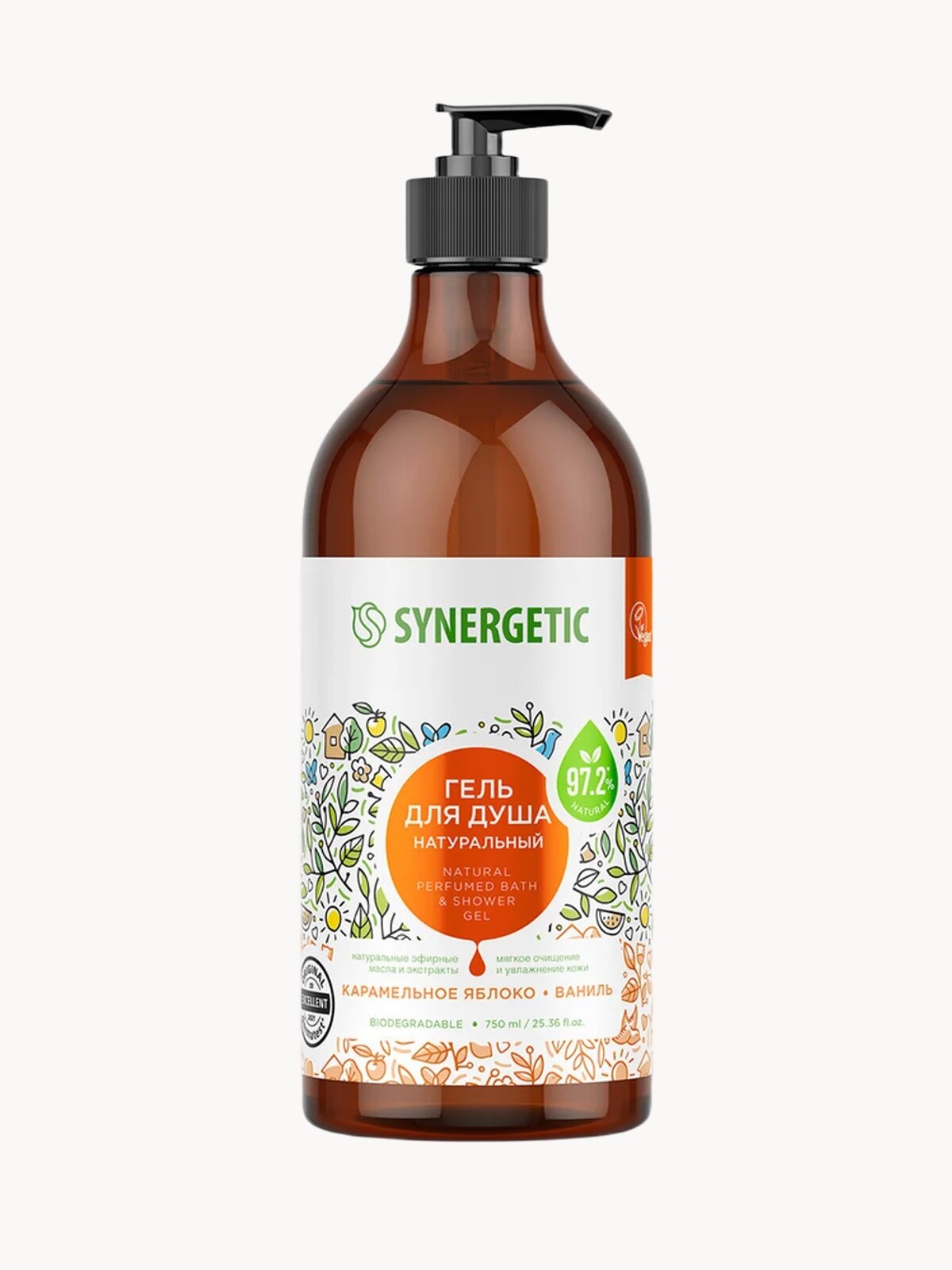 Гель для душа SYNERGETIC "Карамельное яблоко и ваниль" увлажняющий, натуральный, 750мл
