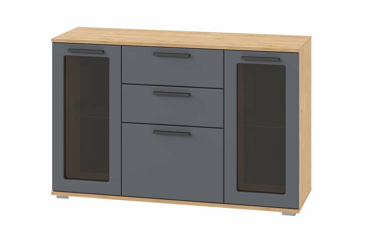 Комод Интеро 120,3х77,4х39,6 см, стеклянные двери, гикори рокфорд натуральный, графит