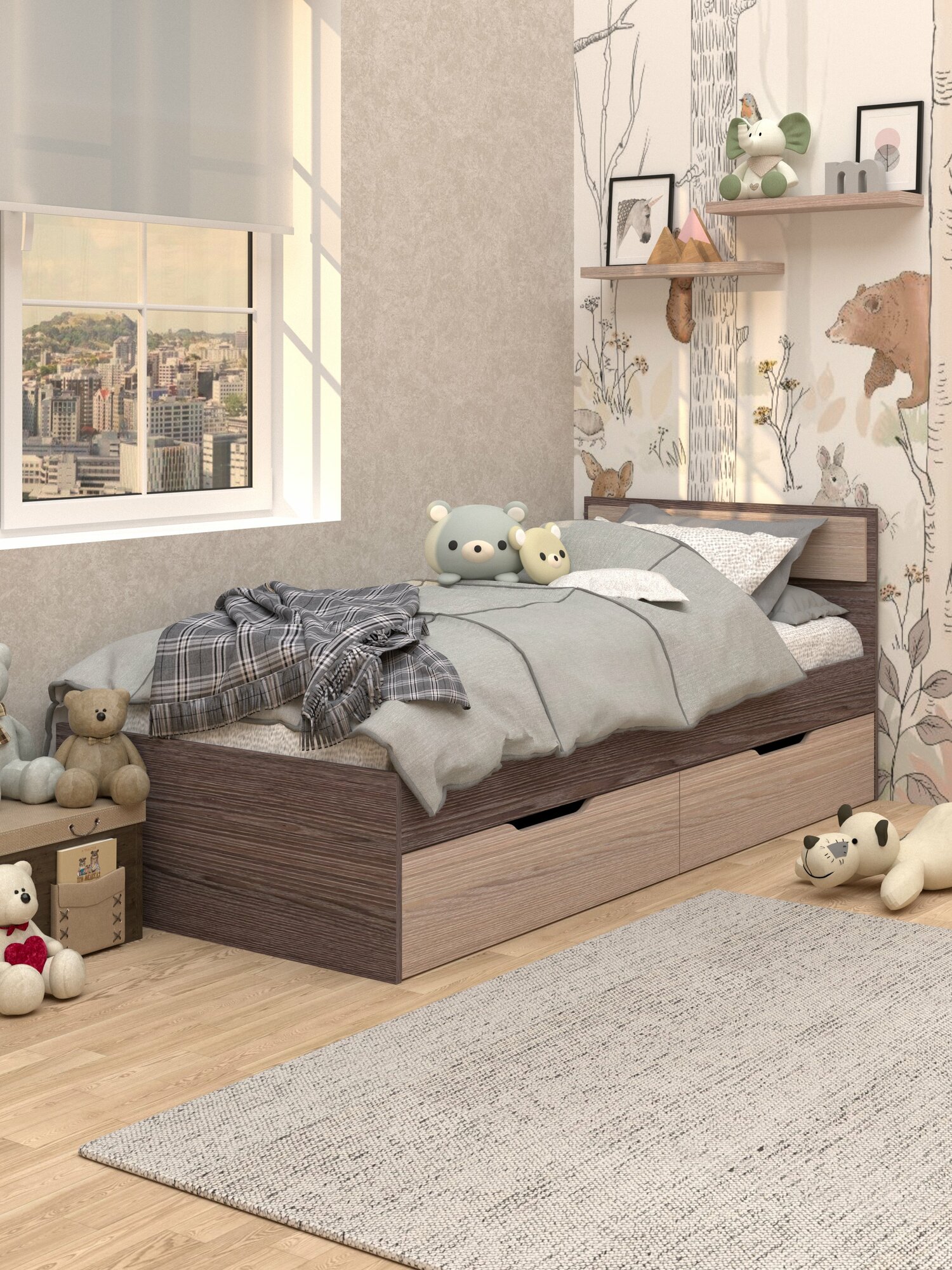 Есэндвич Монако Кровать 90х200 односпальная 203х78х93 см (Анкор тёмный/Анкор светлый) с ящиками