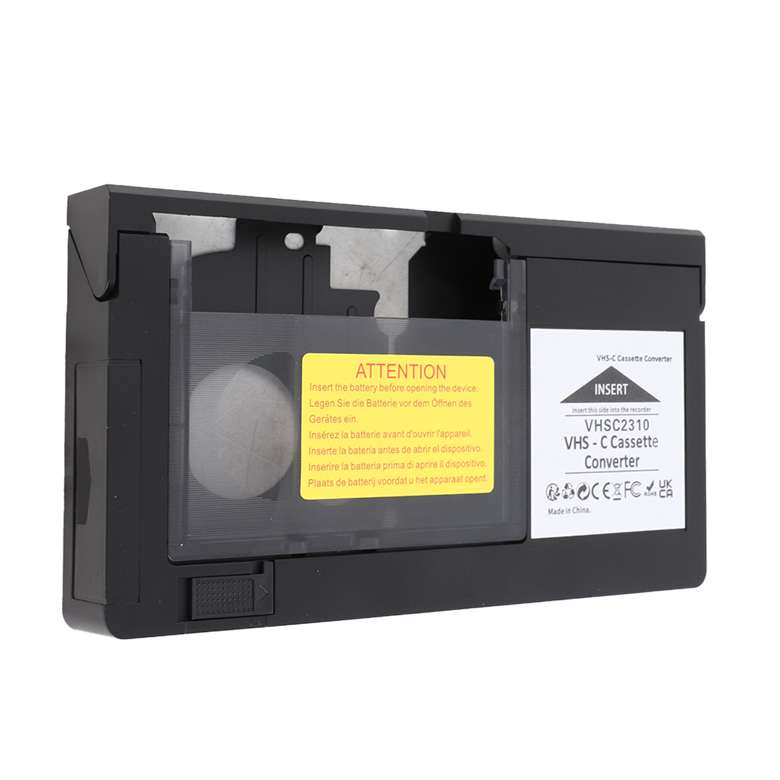 Адаптер для кассет видеокамер VHS к VHSC, поддерживающий воспроизведение и запись, с одним кнопочным управлением, материал ABS, размер 188x102x25mm, батарейка 1xAA (не в комплекте), совместим с кассетами S VHS C, S VHS, VHS C, VHS, 1.2mm стандартными,