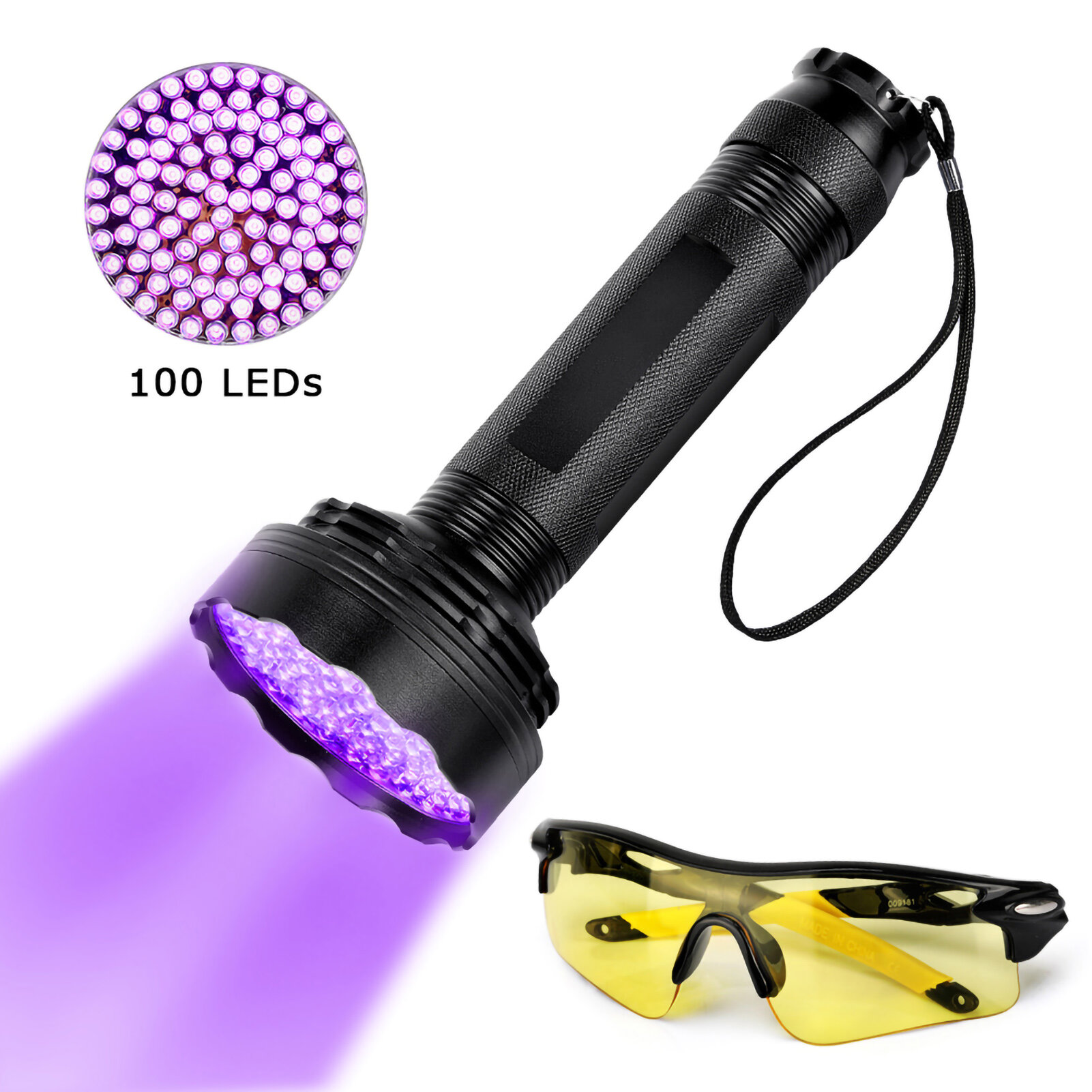 Модернизированный 100-светодиодный фонарик с черным УФ-светом и защитными очками