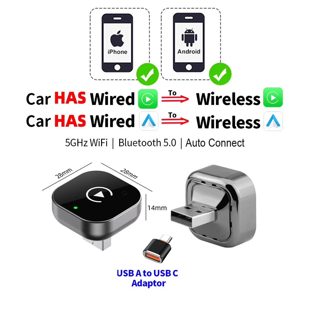 EKIY EC14 Mini Carplay Android Auto Проводной к беспроводному автомобильному адаптеру для воспроизведения Smart Ai Box Bluetooth WiFi Spotify Connect, EC14-DD, Ship in 24Hours