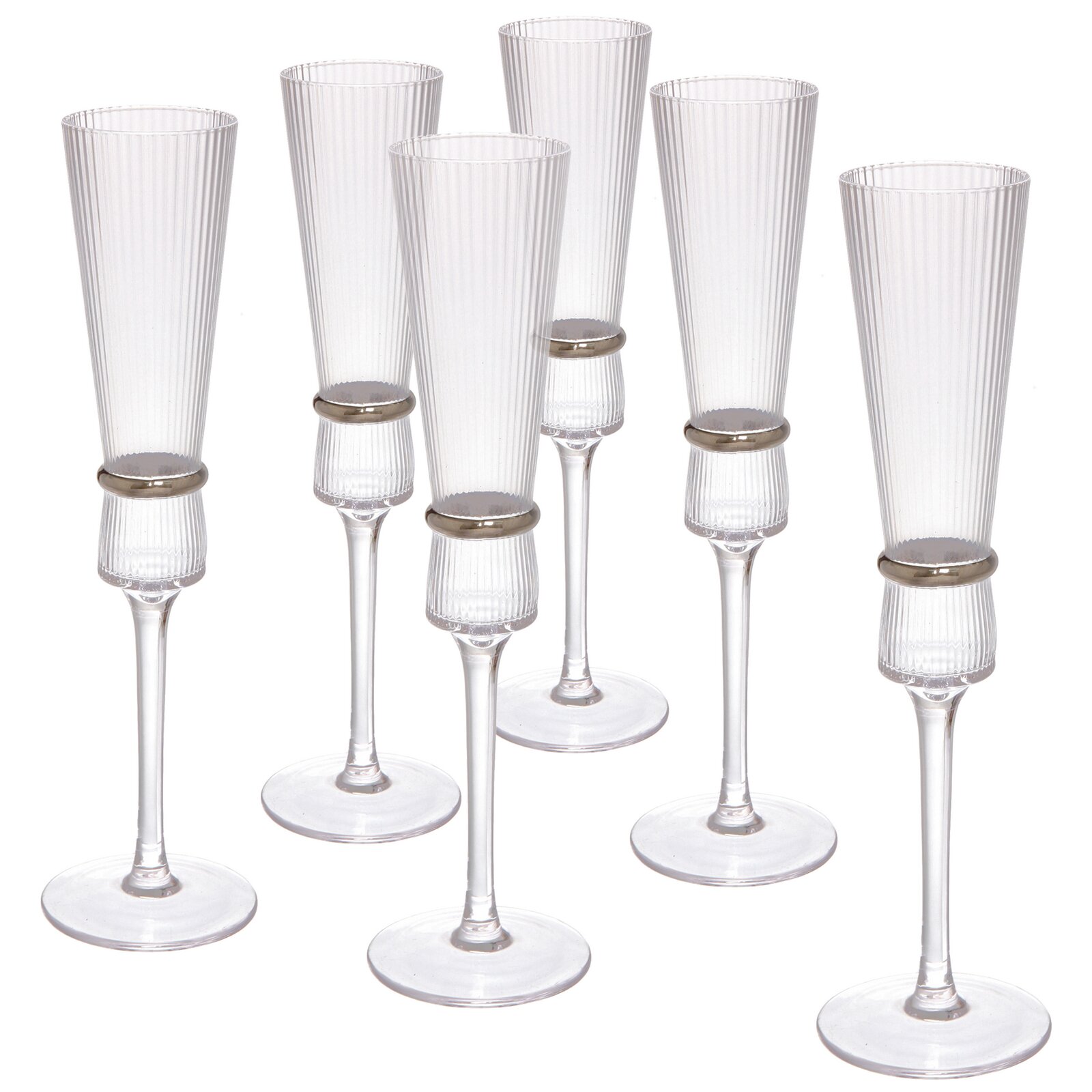 Набор бокалов для шампанского «VIVALDI», 6 шт, стекло, 180 мл, рифлёный дизайн с металлическими кольцами