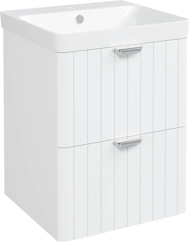 Тумба с раковиной STWORKI Ларвик 50 подвесная, 50 см, белая, матовая, из МДФ, с ящиками, раковина для ванной фаянсовая, прямоугольная, встроенный слив-перелив, с сифоном