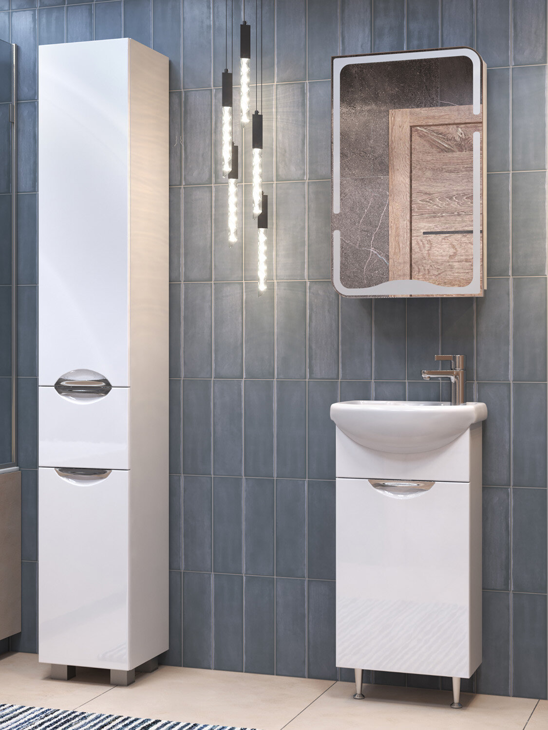 Мебель для ванной комплект Каллао Мини, тумба с раковиной напольная, шкаф пенал напольный, зеркало с шкафом с подсветкой, Белый глянец