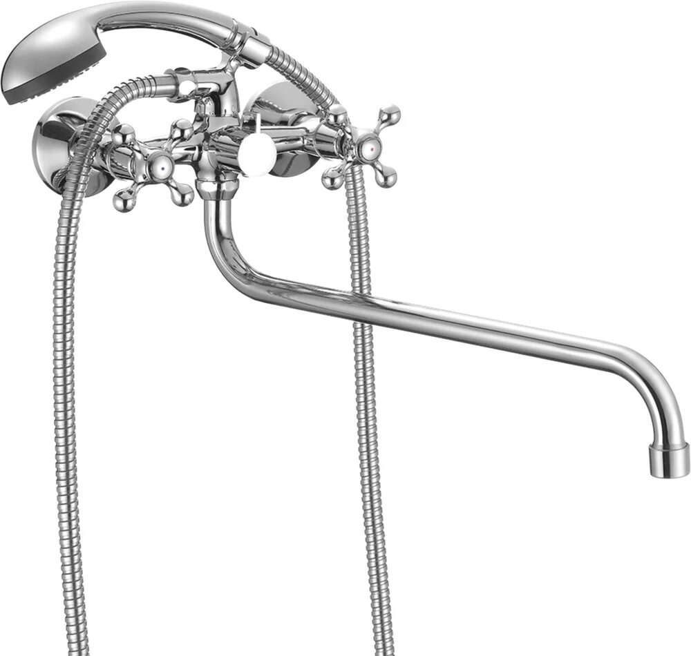 Смеситель с длинным изливом для ванны Milardo Duplex DUPSB02M10 с душевым гарнитуром, поворотный, латунный, хром, глянцевый, смеситель для ванны с душем, вентильный
