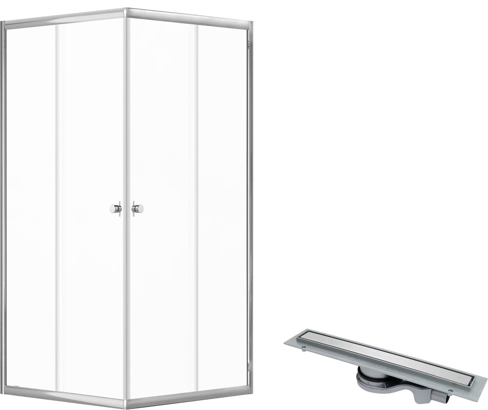 Комплект Душевой уголок DIWO Анапа 90х90, профиль хром глянец / Лоток CK DRAIN 1105-00155 55 см, с мокрым затвором, щелевой, из нержавеющей стали, с решеткой