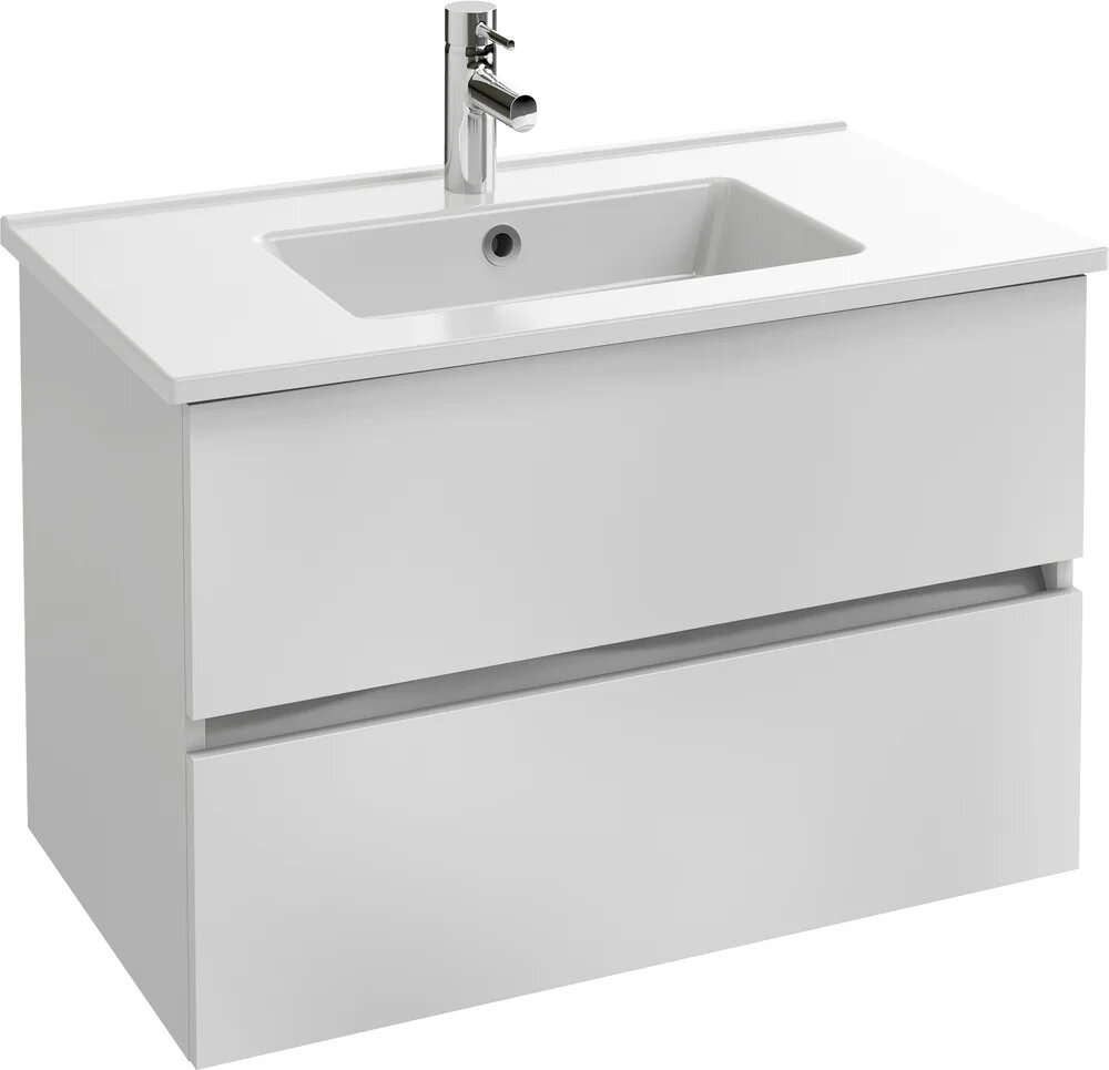 Тумба с раковиной Jacob Delafon Tolbiac 80 подвесная, 78, 5 см, белая, глянцевая, из МДФ, с ящиками, раковина для ванной фарфоровая, прямоугольная, встроенный слив-перелив