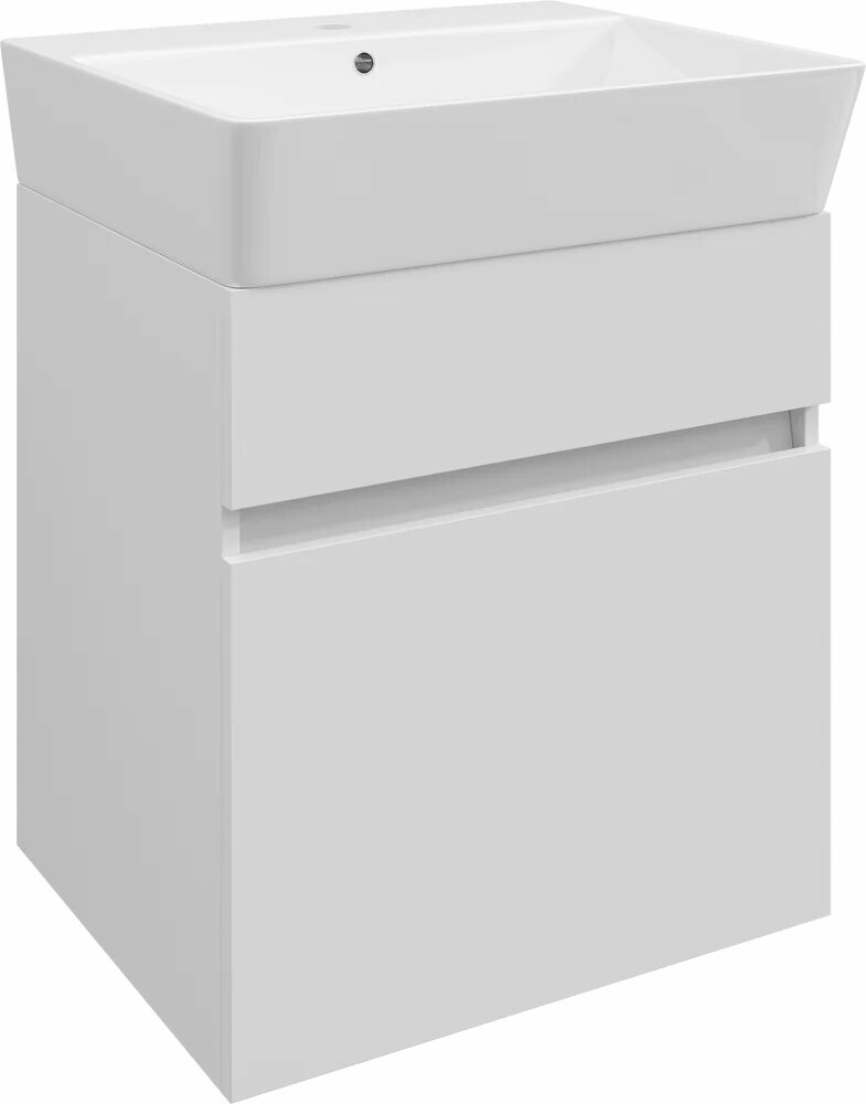 Тумба с раковиной DIWO Тольятти 50 подвесная, 50 см, белая, глянцевая, из МДФ, с ящиками, раковина для ванной фаянсовая, прямоугольная, встроенный слив-перелив, с сифоном