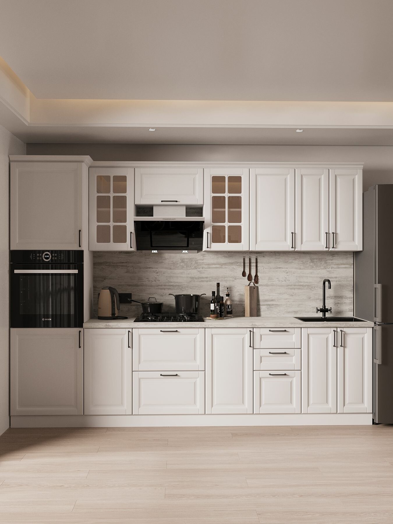 Кухонный гарнитур 3м Николь МДФ белый/белый/сосна монрепо со столешницей