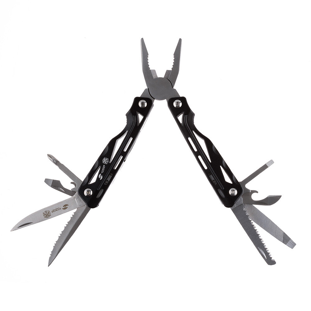 Мультитул Stinger, 104x43 мм, 13 функций, сталь/алюминий, чёрно-серебристый, в нейлоновом чехле