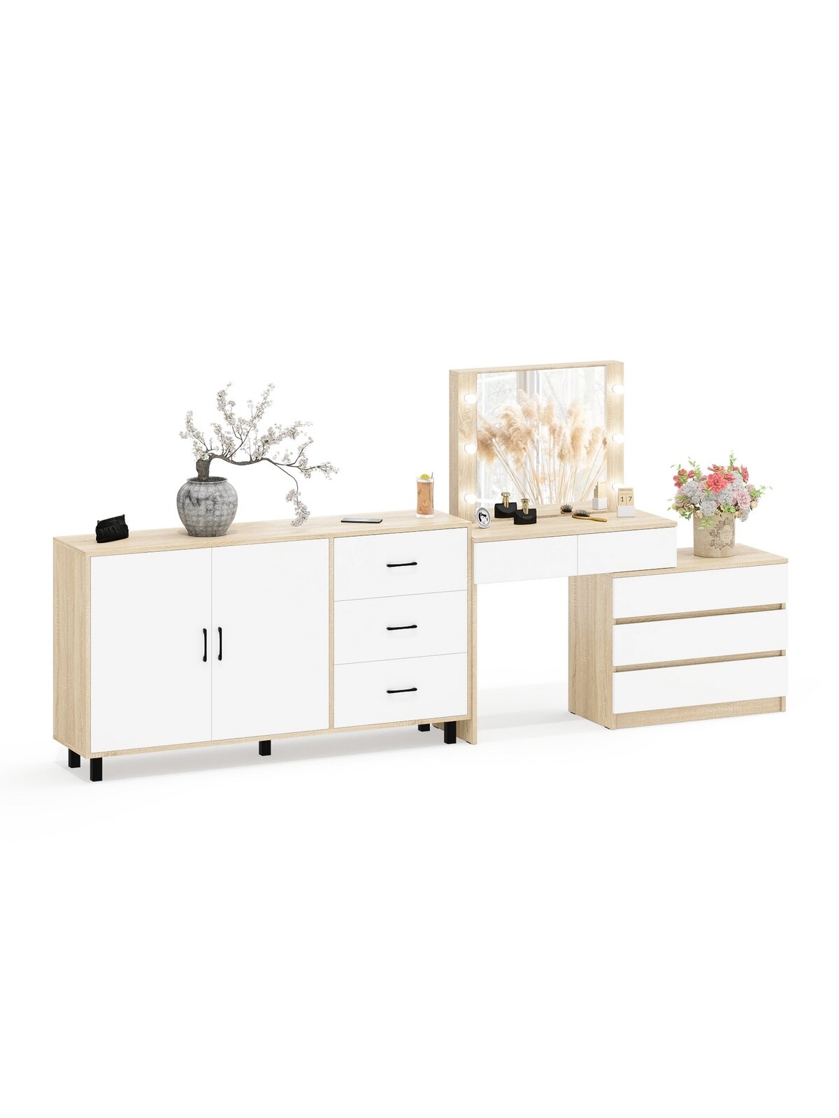 Туалетный столик-трансформер с подсветкой и зеркалом 110 и комод 123-1604, дуб сонома/белый, 302,4х40х142,5 см.