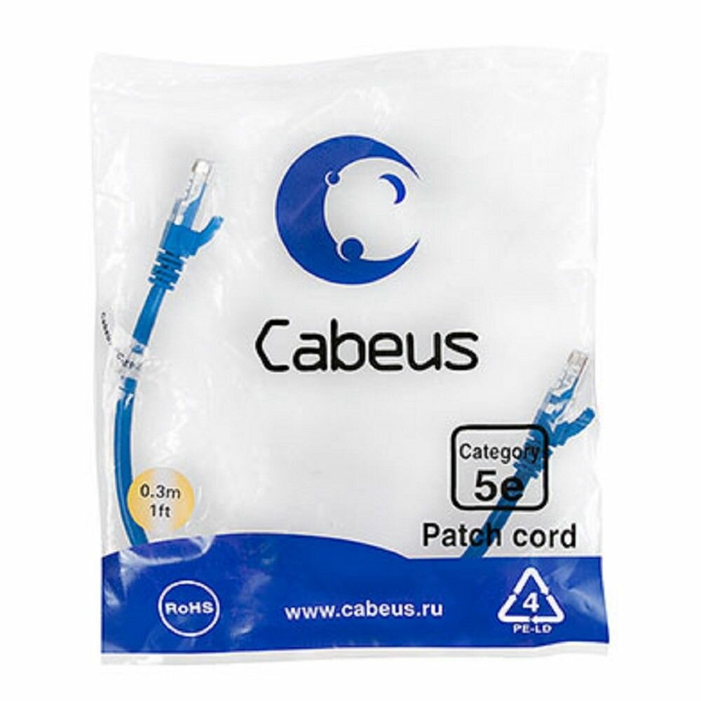 Cabeus Патч - корды сетевые, телефонные PC - UTP - RJ45 - Cat.5e - 0.3m - BL Патч - корд U UTP, категория 5е, 2xRJ45 8p8c, неэкранированный, синий, PVC, 0.3м