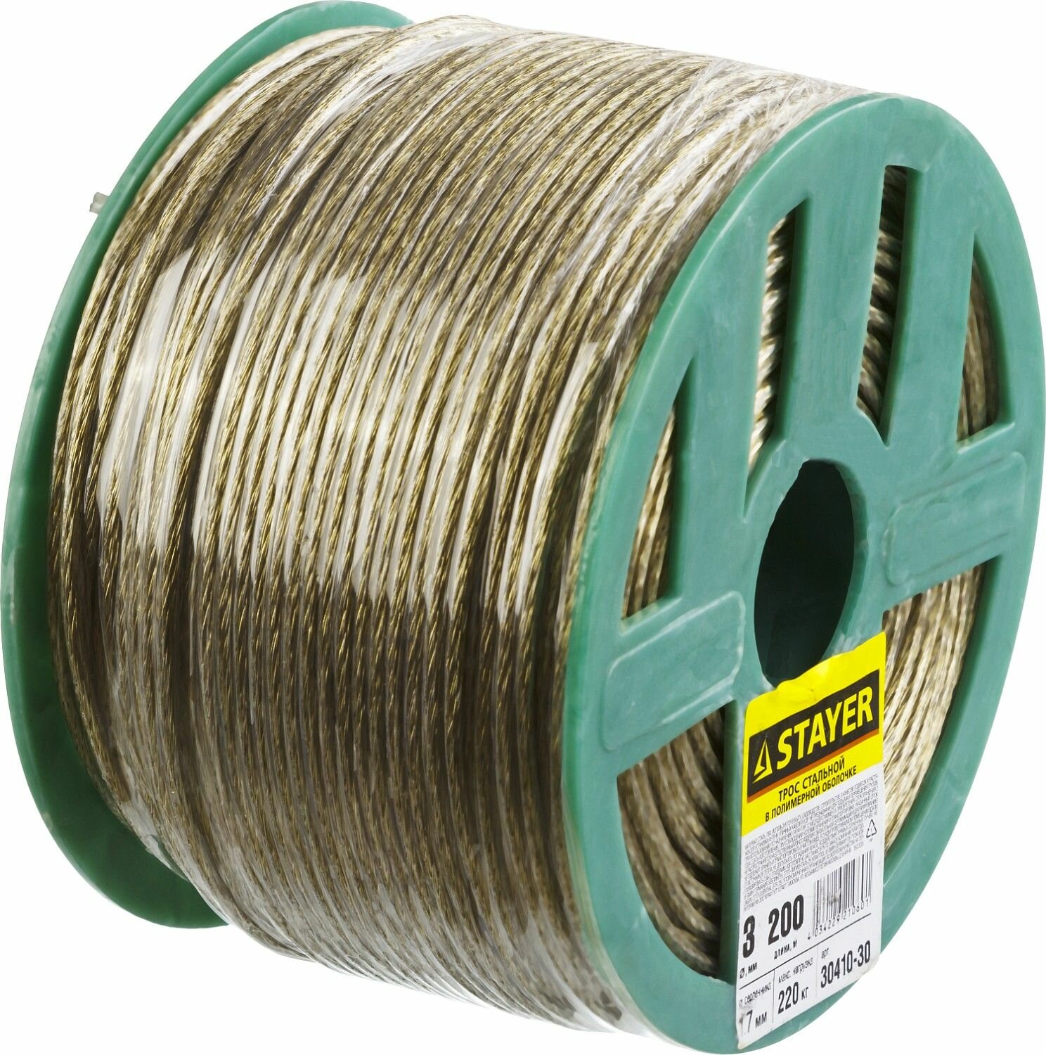Трос стальной STAYER, 3 мм, L 200 м, в полимерной оболочке 30410-30