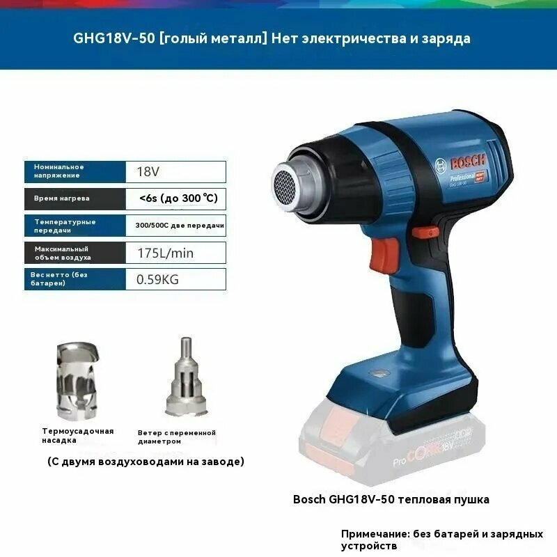 Аккумуляторный строительный Фен Bosch GHG 18V-50, 18В, без акк и з/у, 500 градусов, 175л/мин, кейс (06012A6500)