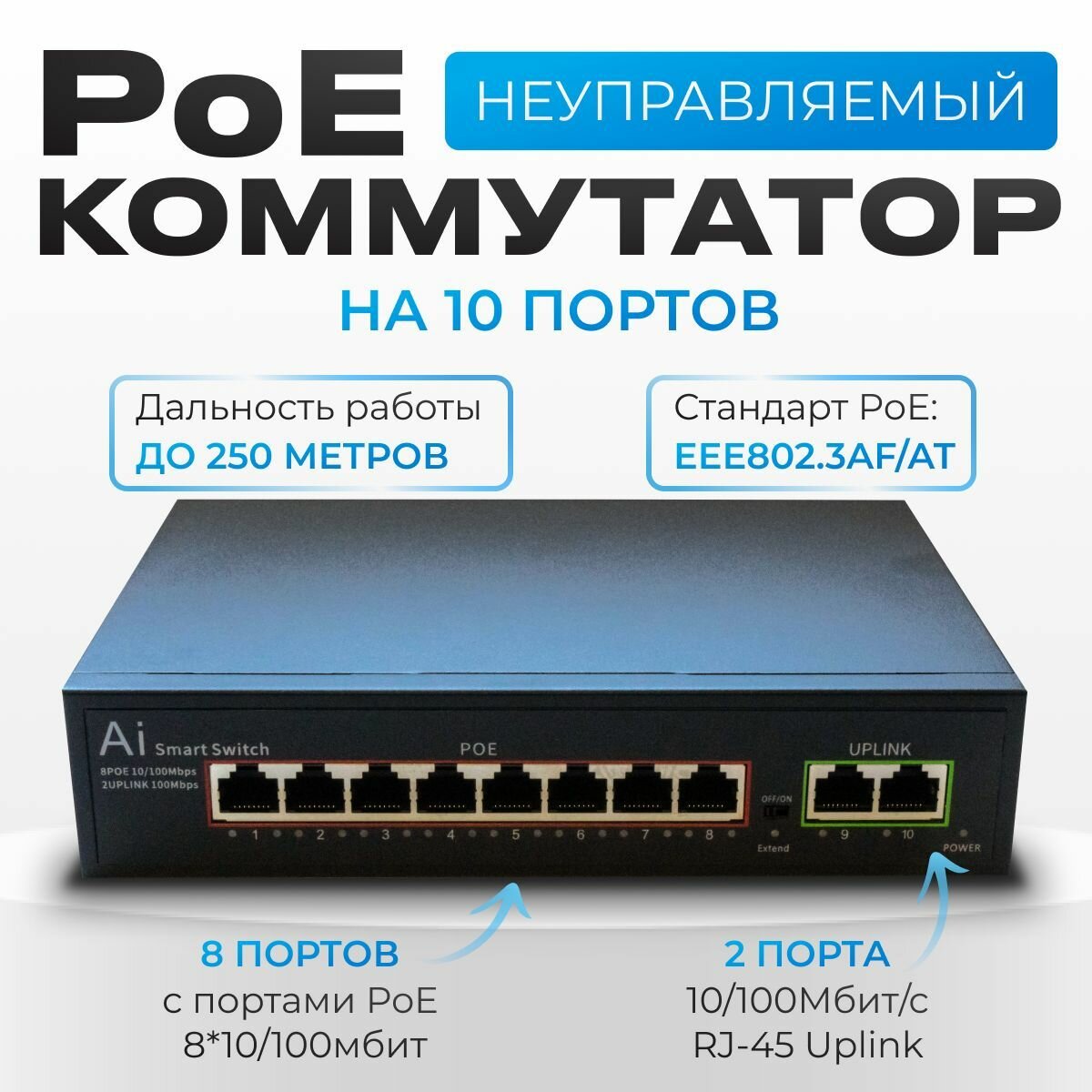 POE коммутатор с 8 портами PoE ( 802.3af/at) PoE 8*10/100мбит +2*10/100 Мбит Порт RJ-45 , с дальностью линии до 250 метров.(PoE-3010)