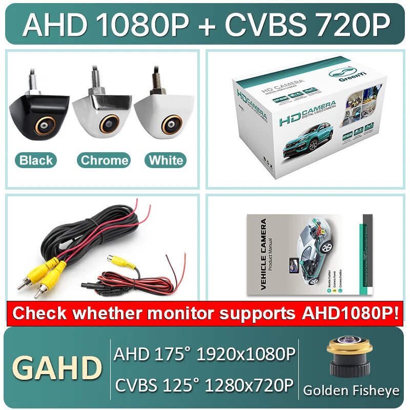 GreenYi HD 720P/1080P ночного видения с золотым объективом, автомобильная камера заднего вида, AHD CVBS, камера для Android, DVD, AHD монитор, Black-Case, AHD1080P-175Deg