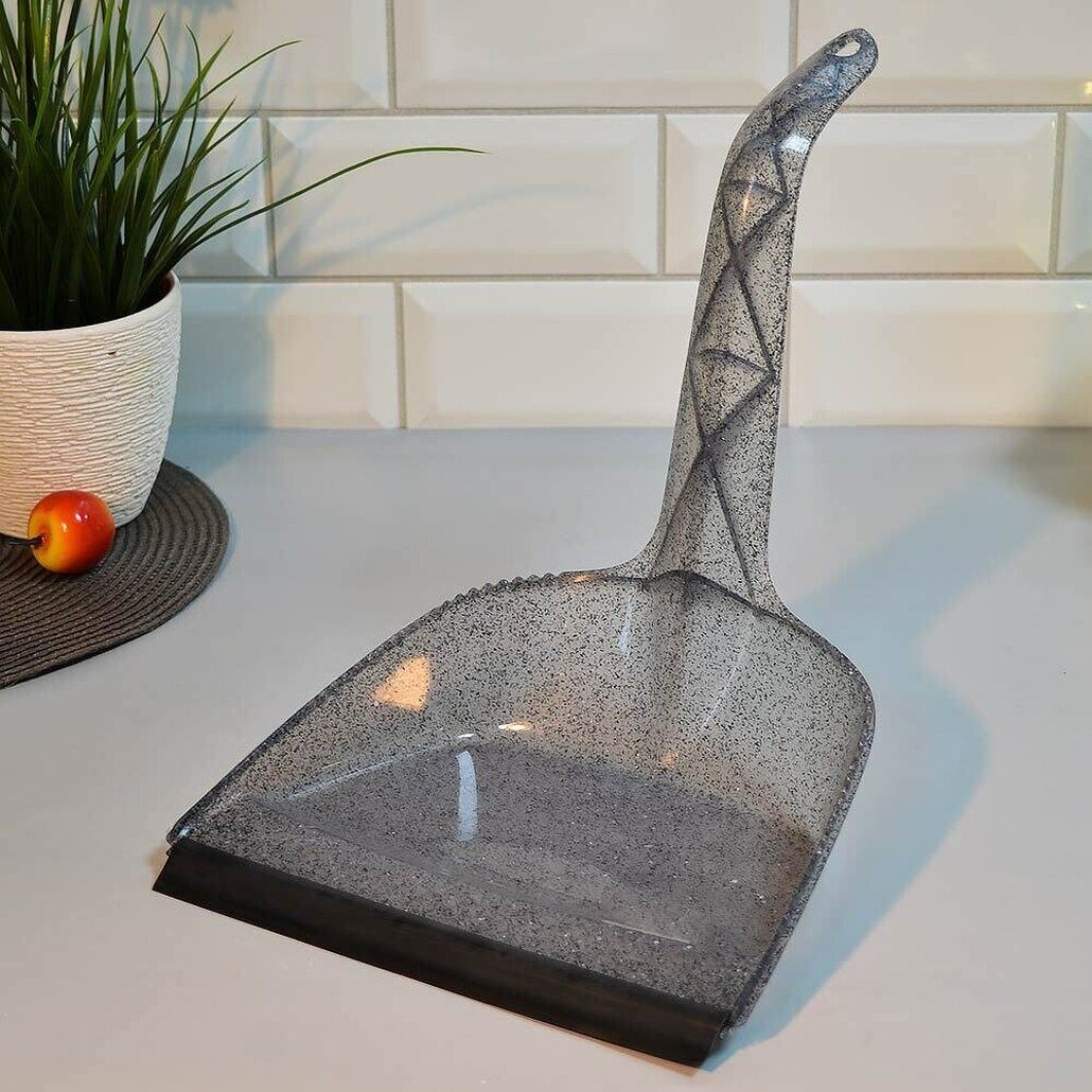 Совок пластиковый "Grenada" с высокой ручкой, гранит светло-серый, резиновая кромка