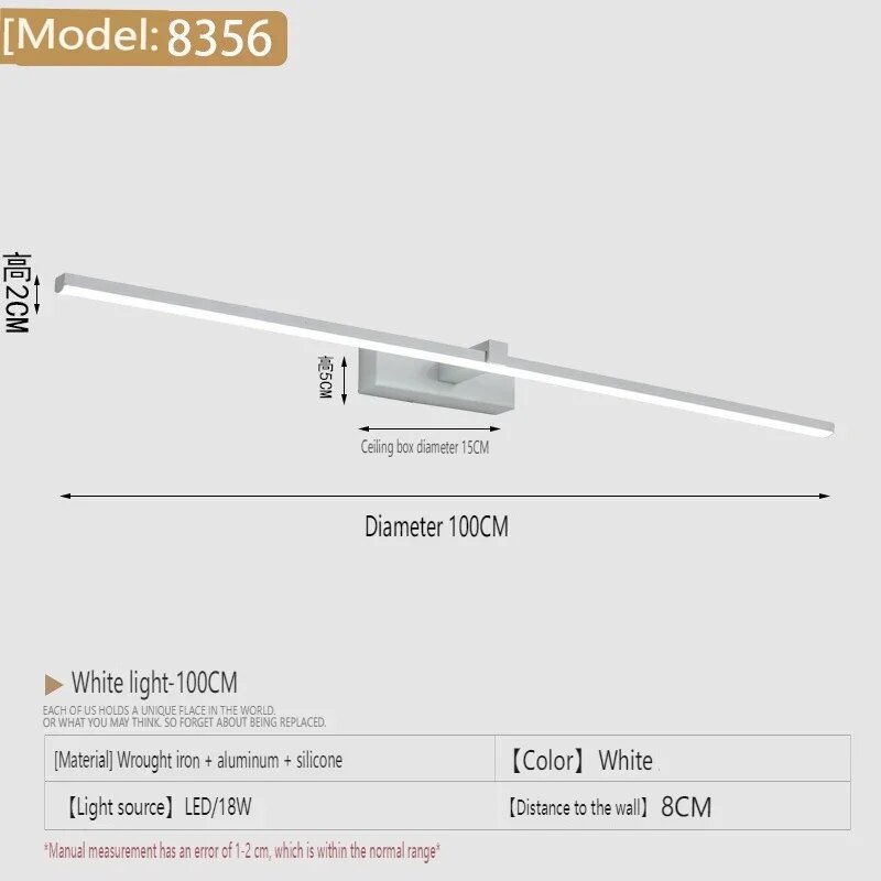 Современная ванная комната 100 см, зеркальный передний светильник, спальня, изголовье кровати, домашние светодиодные настенные светильники, алюминиевая простая полоса, внутреннее зеркало для макияжа, освещение, warm light-3000K, white-L100cm