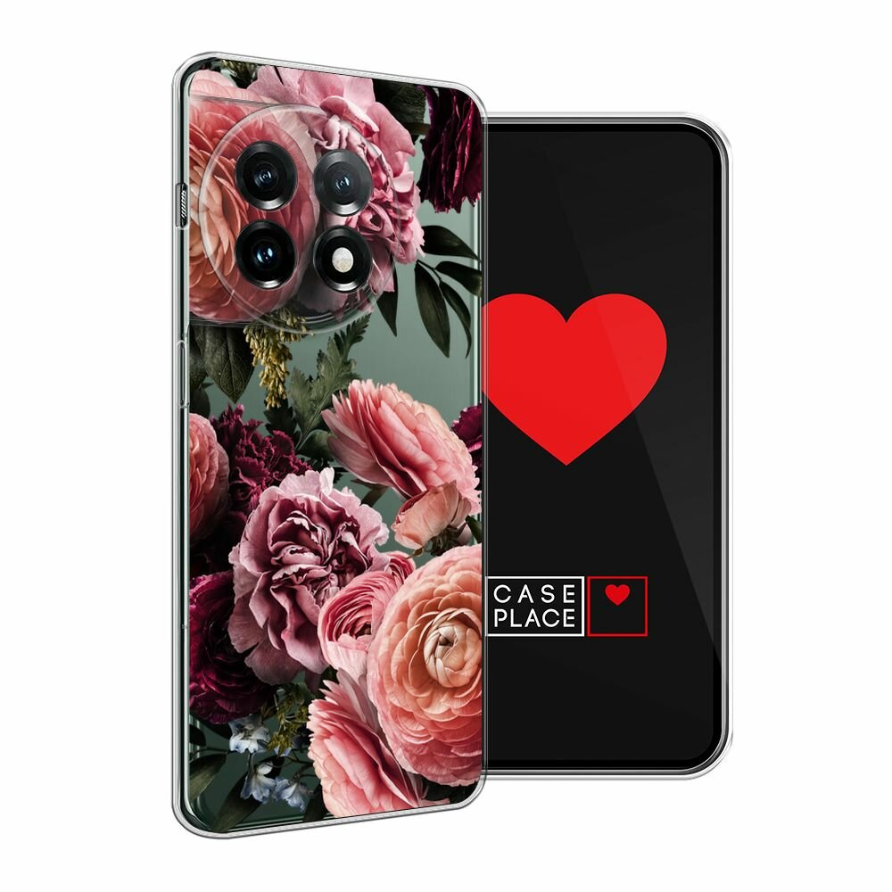 Чехол на OnePlus 11 / Ван Плас 11 с принтом "Бордовые винтажные цветы", прозрачный — фото 1