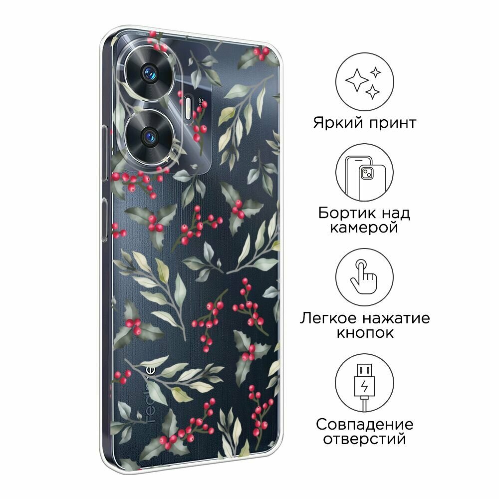 Чехол на Realme C55 / Реалми C55 с принтом Зимние ягоды паттерн, прозрачный — фото 1