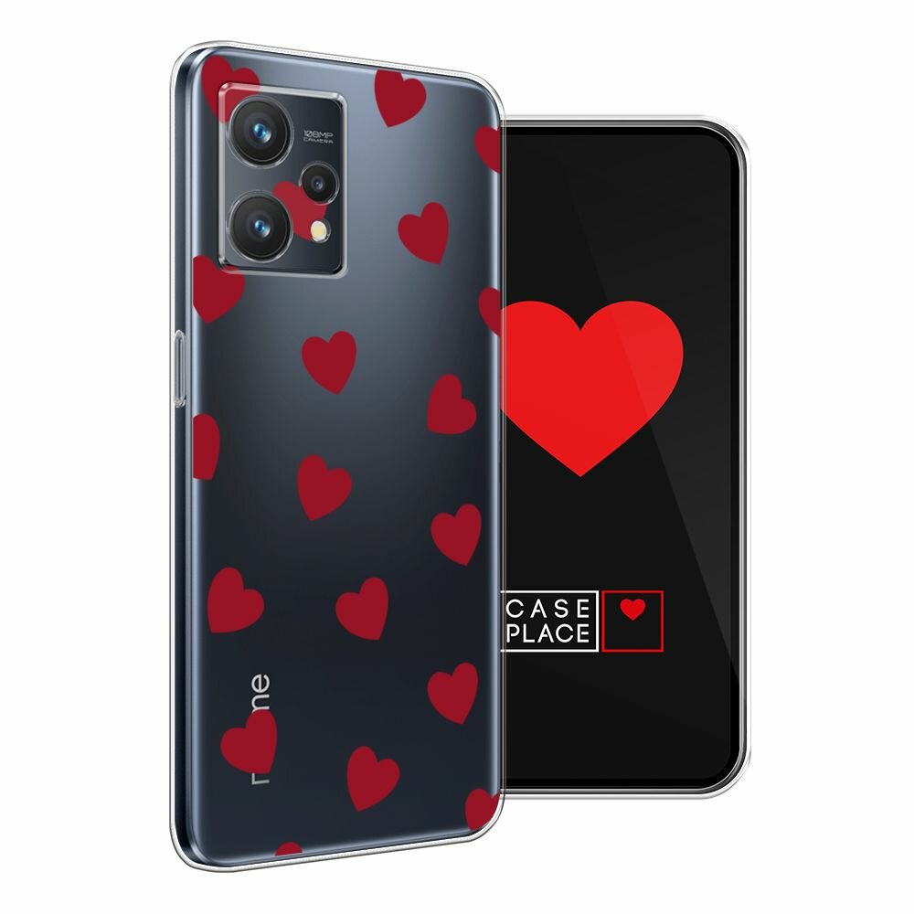 Чехол на Realme 9 4G/9 Pro Plus / Реалми 9 4G/9 Pro Plus с принтом "Бордовые сердечки паттерн - 14 февраля", прозрачный — фото 1