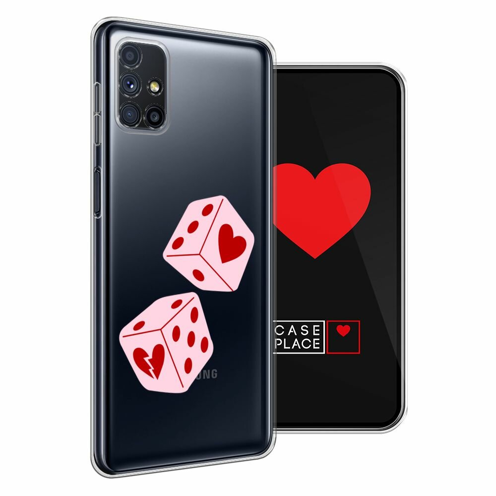 Чехол на Samsung Galaxy M51 / Самсунг Галакси М51 с принтом "Игральные кубики любви - 14 февраля", прозрачный — фото 1