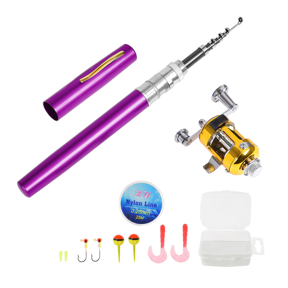 Комплект удилища и катушки для рыбалки Telescopic Pocket Pen Fishing Rod с мини катушкой для троллинга, рыбацкой леской, мягкими приманками, крючками-жигами и рыбацкими аксессуарами, цвет: Фиолетовый/Синий/Черный/Золотой/Серебристый/Красный, удилище: