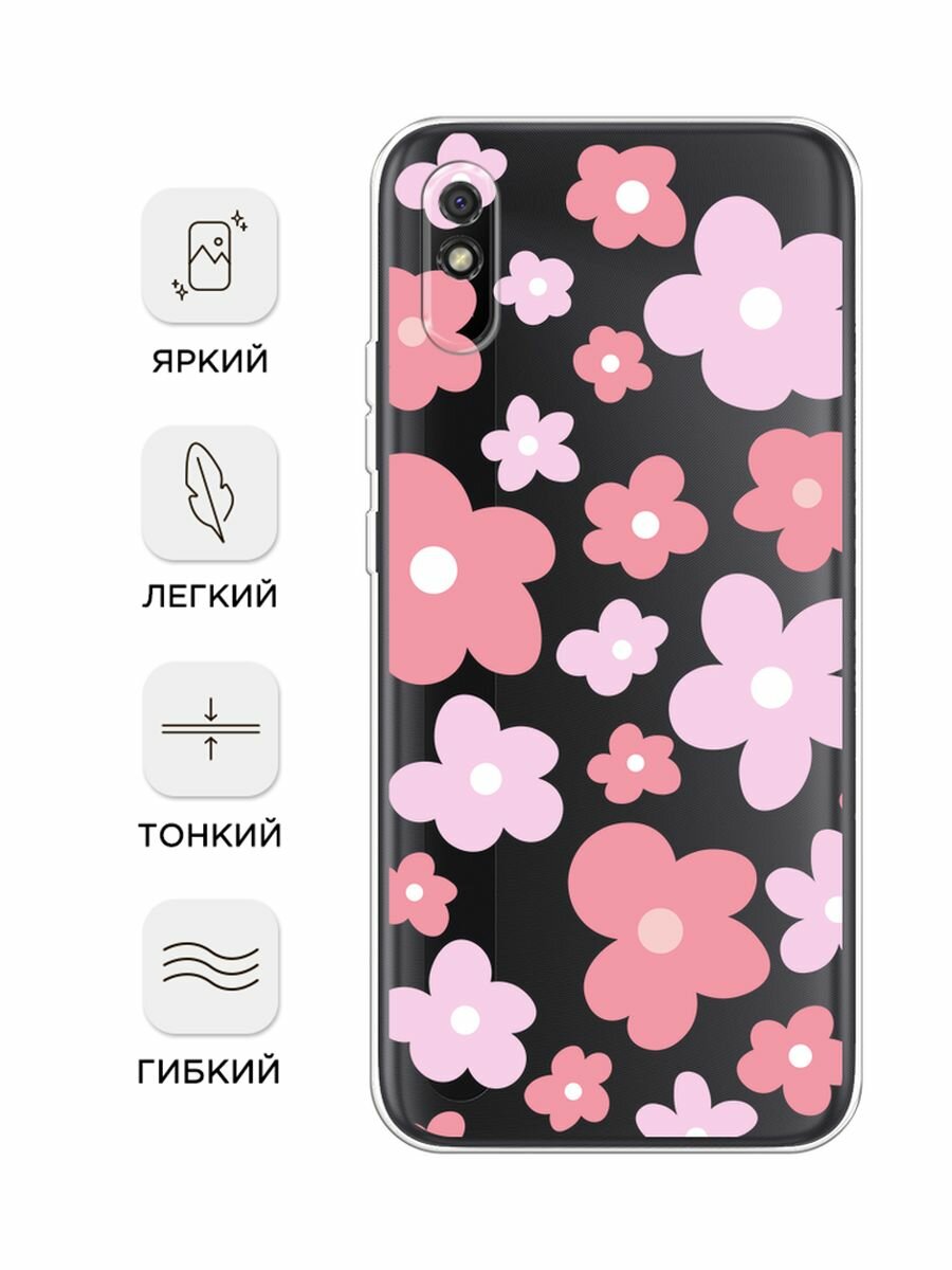 Чехол на Xiaomi Redmi 9A / Сяоми Редми 9А с принтом "Нежные розовые цветочки рисунок", прозрачный — фото 1