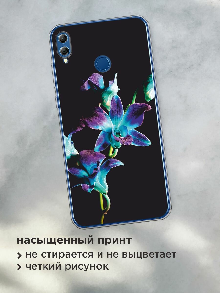 Чехол на Honor 8X / Хонор 8Х с принтом "Синий цветок на черном" — фото 1