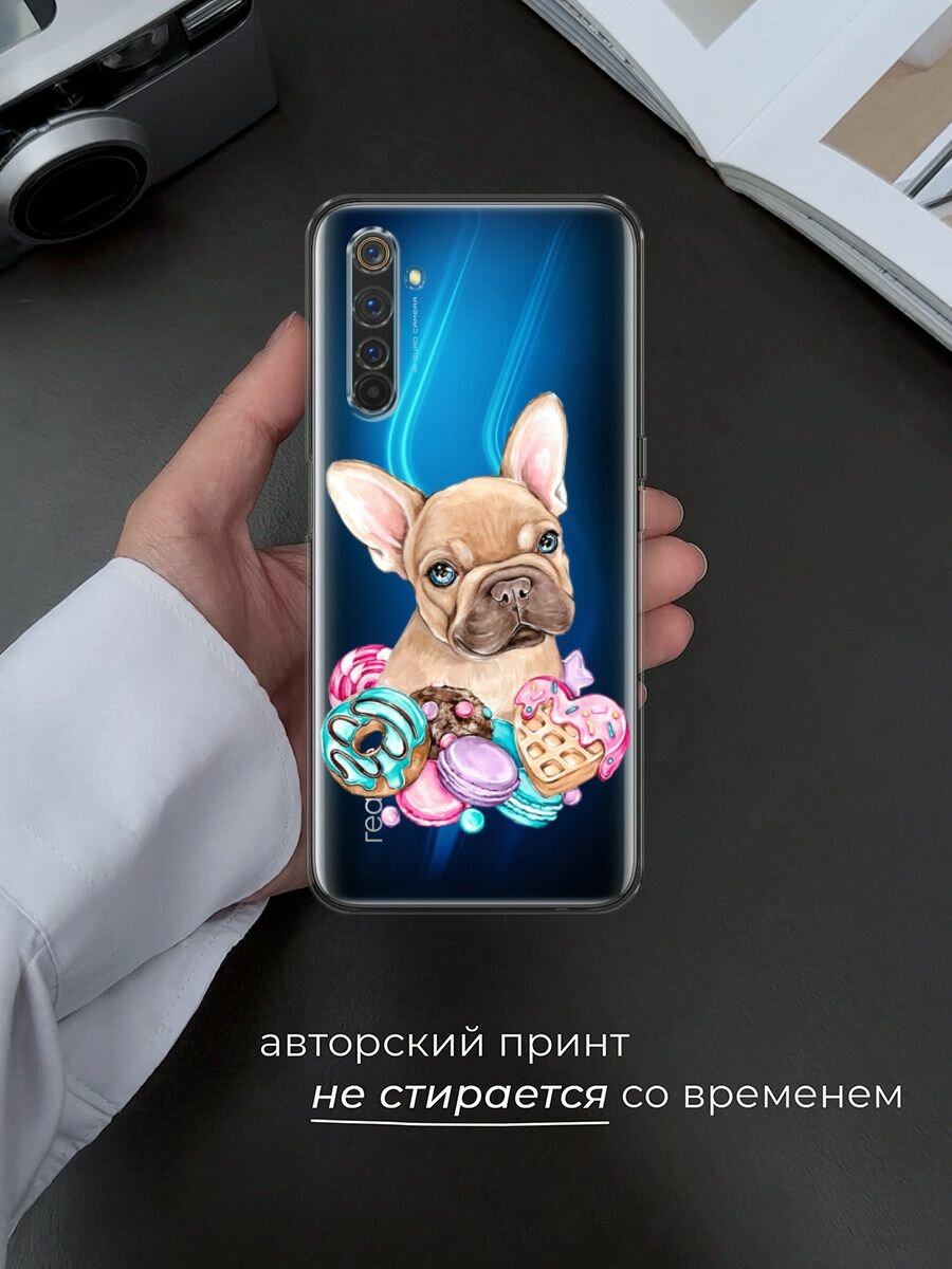 Чехол на Realme 6 Pro / Реалми 6 Про с принтом "Бульдог и сладости", прозрачный — фото 1